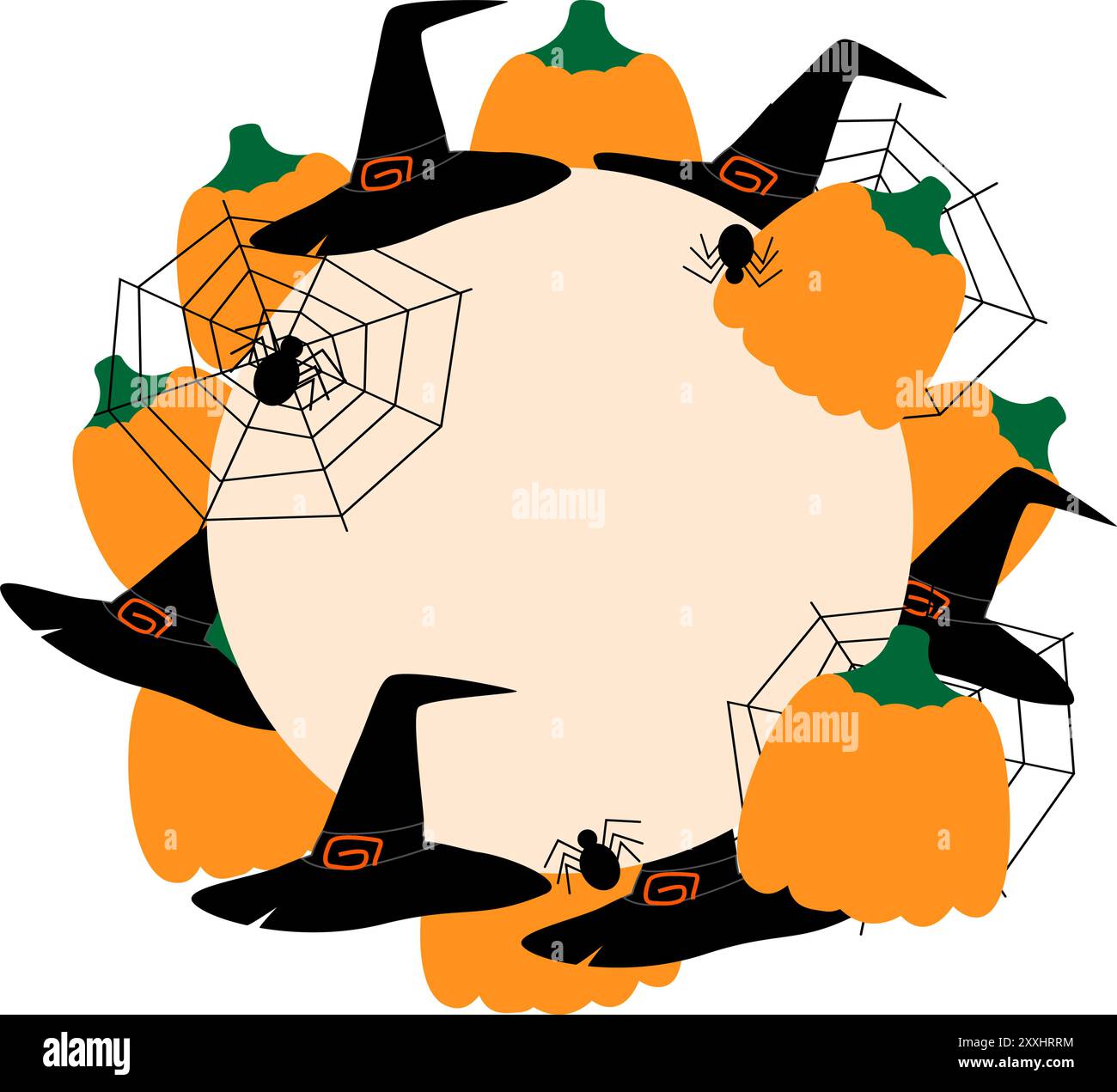 Halloween Round frame border with pumpkins, which hats, spiders and ...