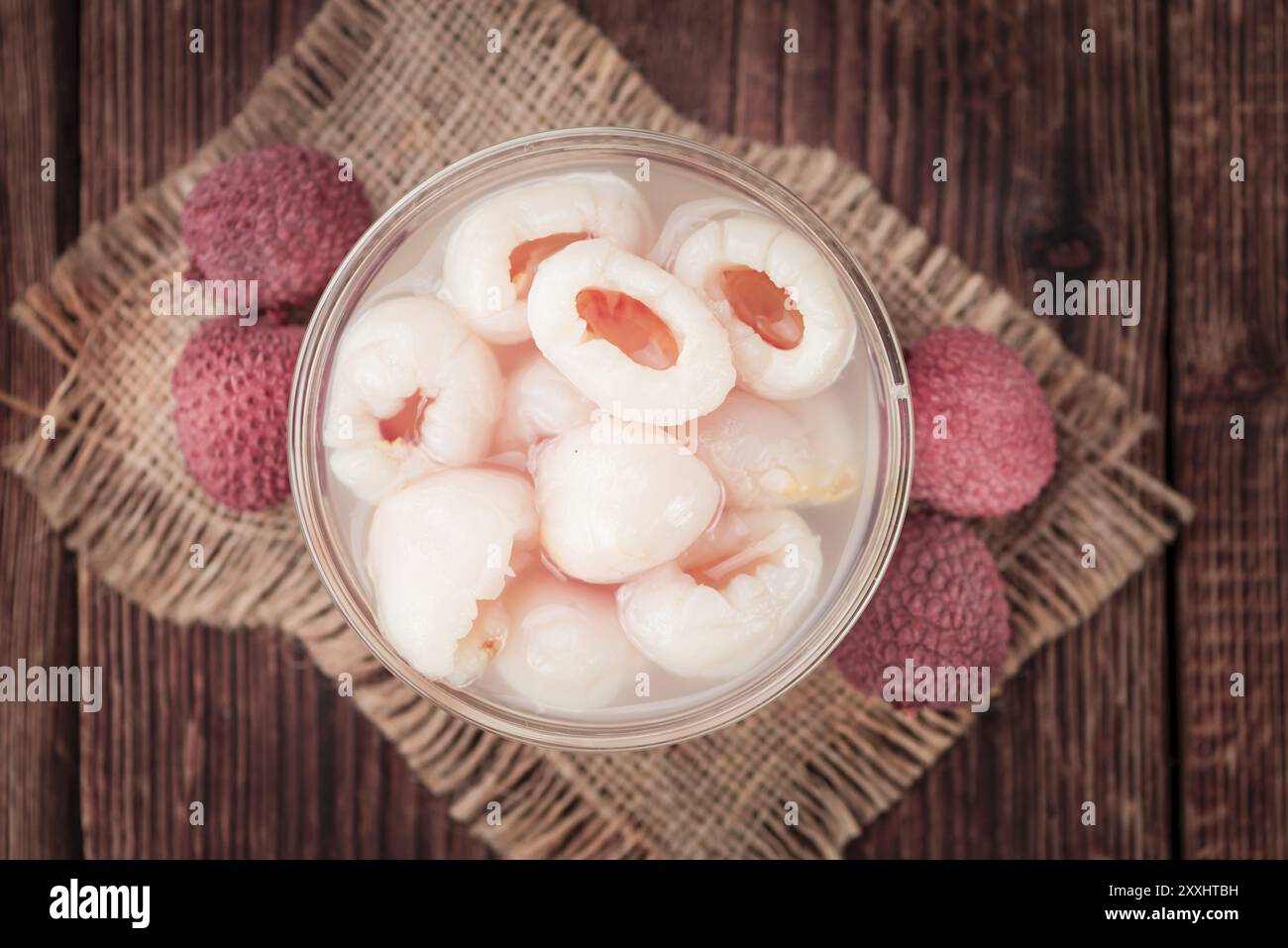 Preserved Lychees on a vintage background as detailed close-up shot ...