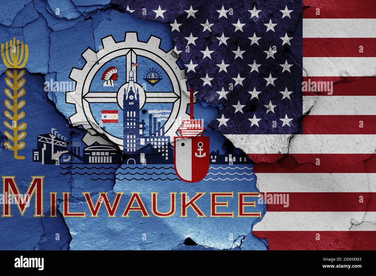 Flags of Milwaukee and USA painted on cracked wall Stock Photo - Alamy