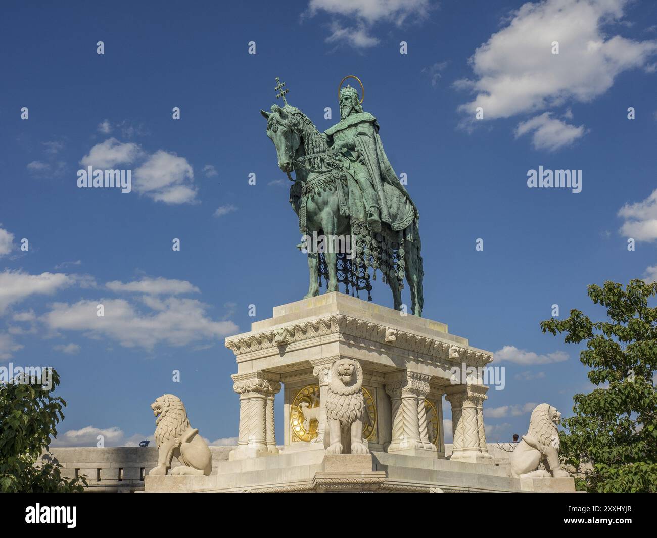 Equestrian statue under a clear sky with scattered clouds, budapest ...