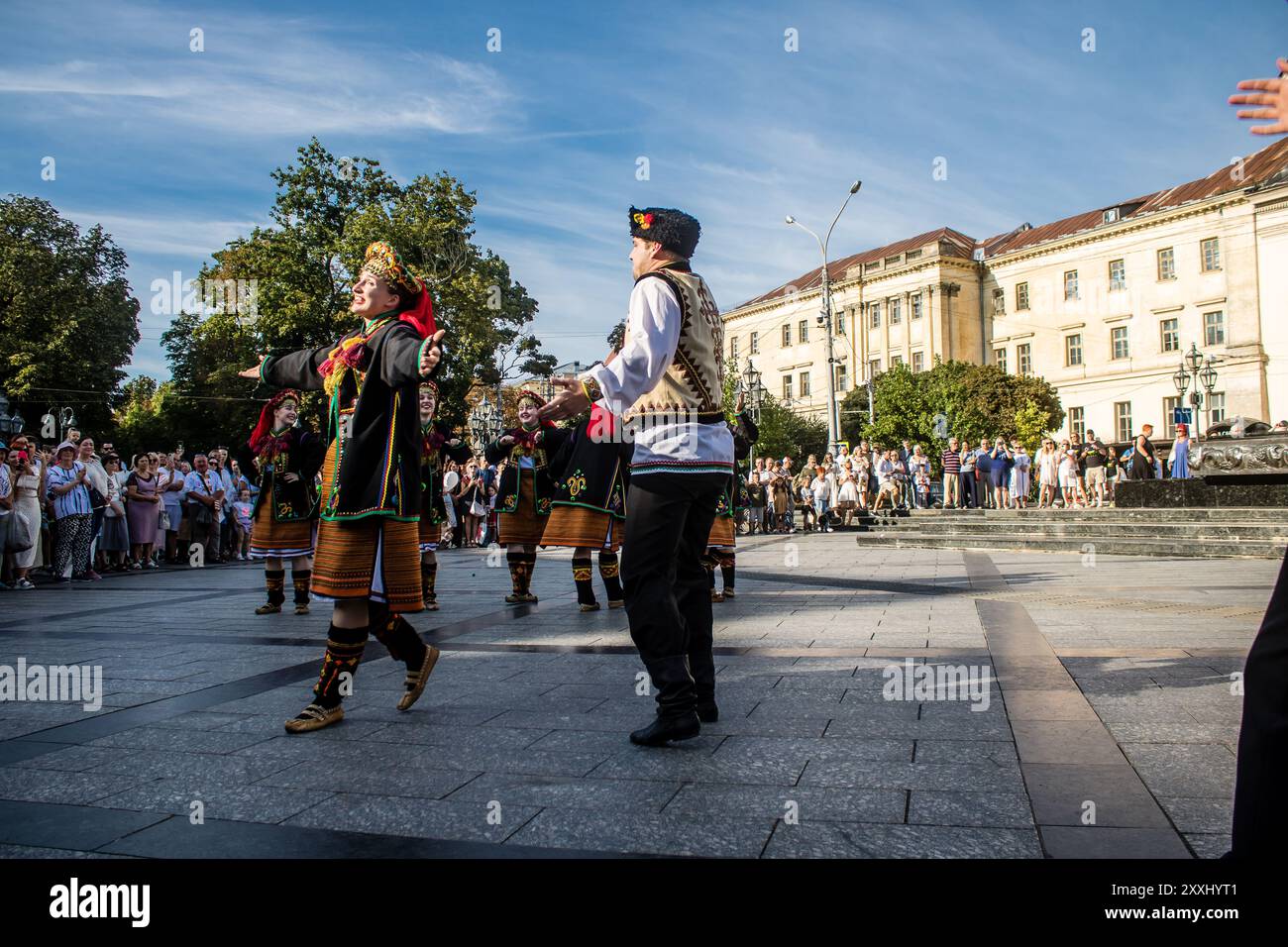 Lviv, Ukraine, August 24, 2024 A group of dancers dressed in ...