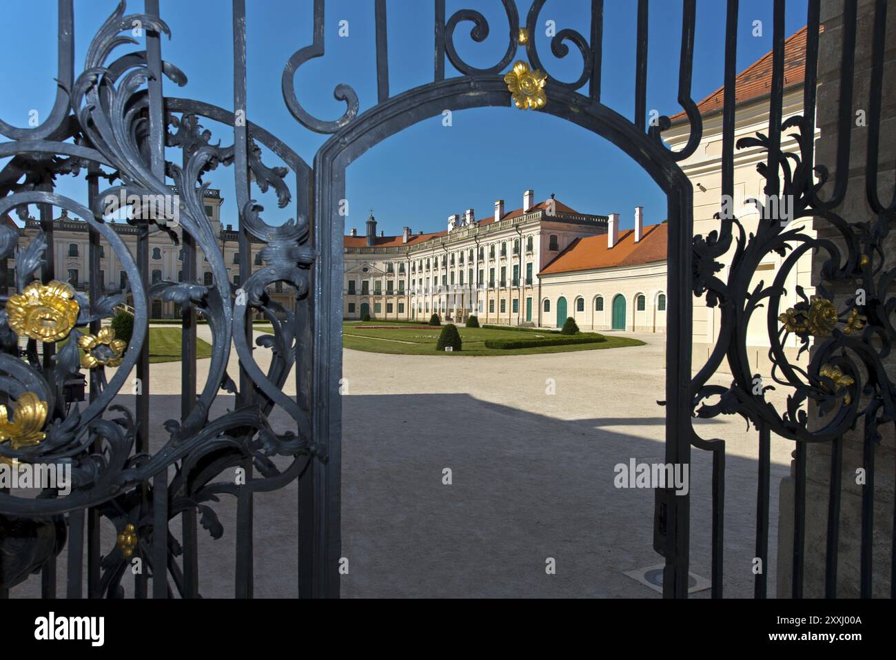 Wrought-iron gate at the entrance to Eszterhazy Castle, also known as ...