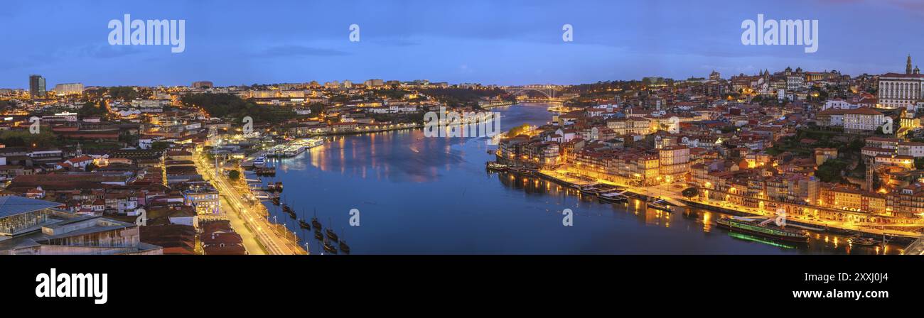 Porto Portugal night panorama city skyline at Porto Ribeira and Douro ...