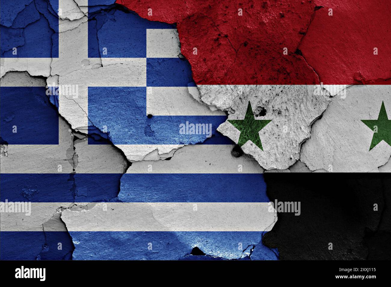 Flags of Greece and Syria painted on cracked wall Stock Photo - Alamy