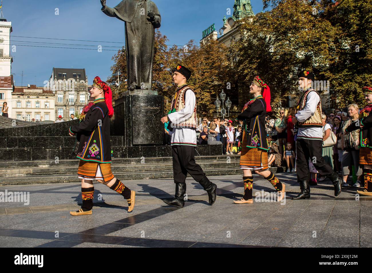 Lviv, Ukraine, August 24, 2024 A group of dancers dressed in ...