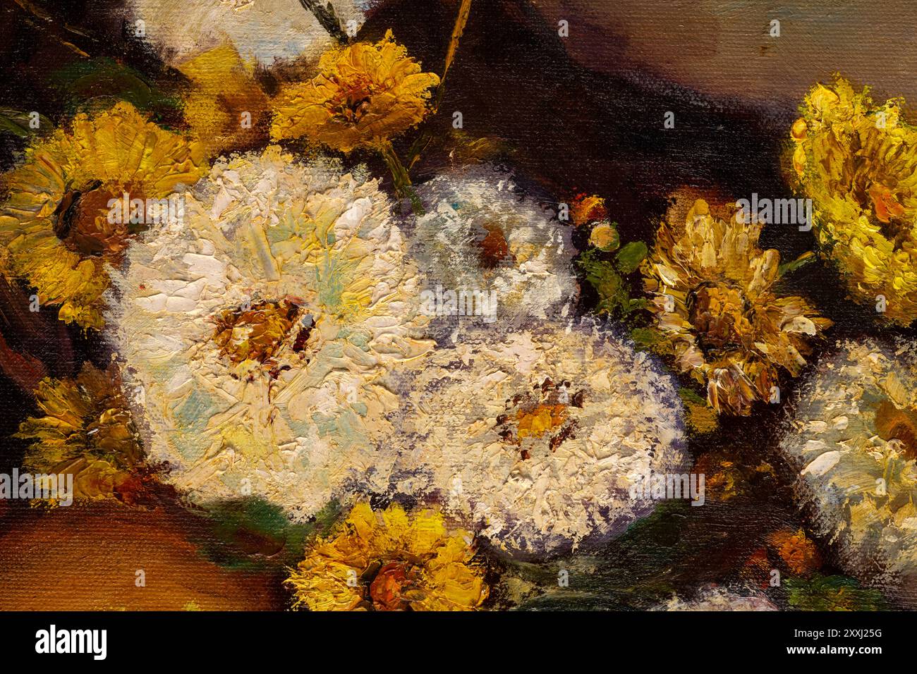 Oil painting detail depicting a bouquet of white mums and yellow ...