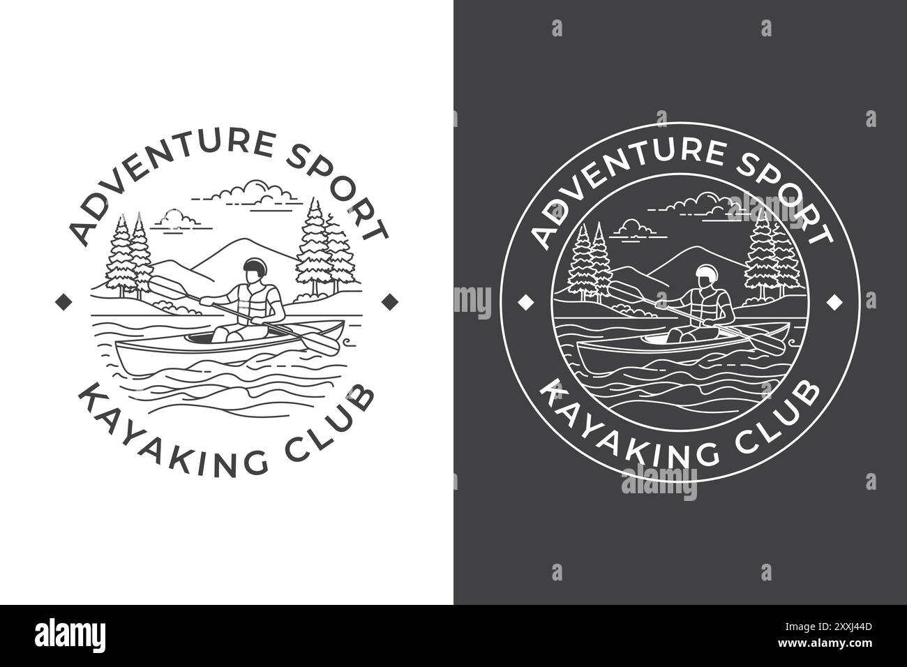 Kayaking Club Logo with Mountain and Forest Scene Stock Vector Image ...