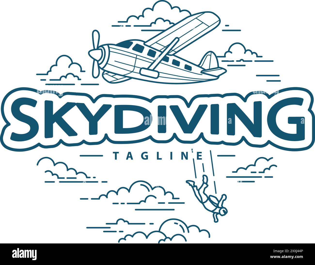 A line art logo depicting a skydiver jumping from an airplane with ...