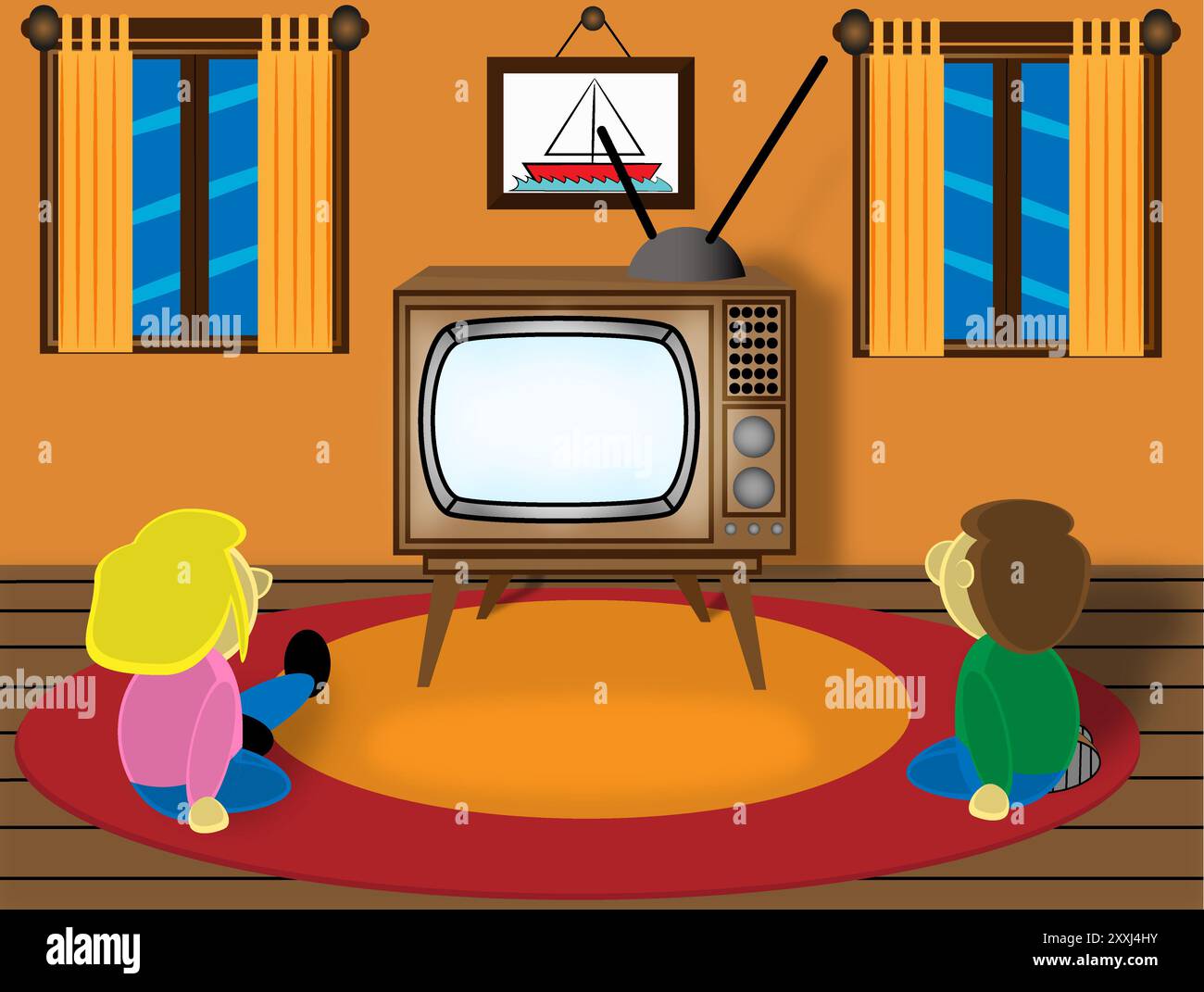vector of two boys watching an old tv Stock Photo - Alamy
