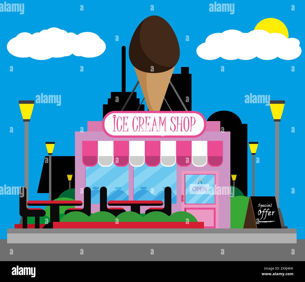 Vector of ice cream shop in the city with cartoon style Stock Photo - Alamy