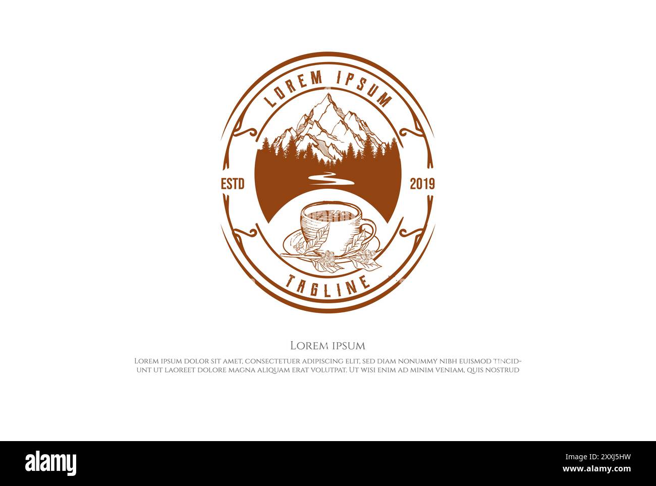 Old Hipster Mountain Pine Forest with River Creek and Coffee Cup Badge ...