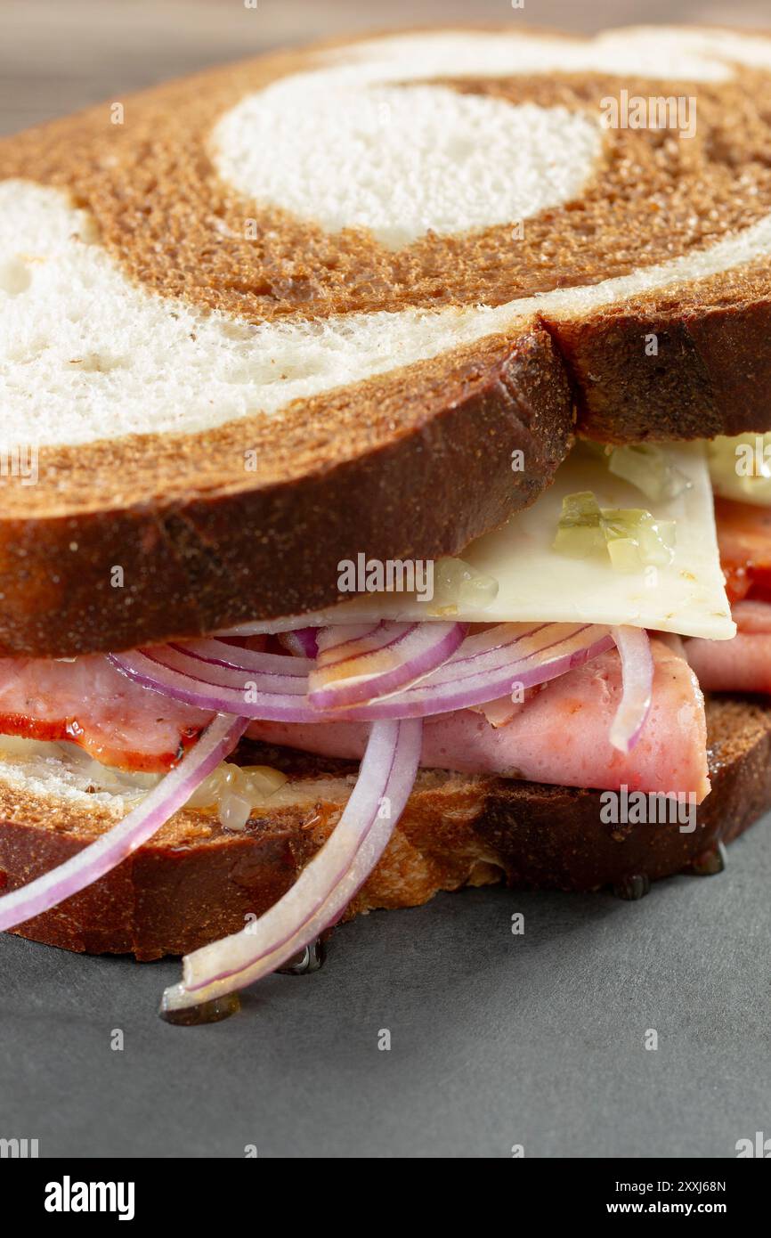 A closeup view of a halal cold cut on marble rye Stock Photo - Alamy