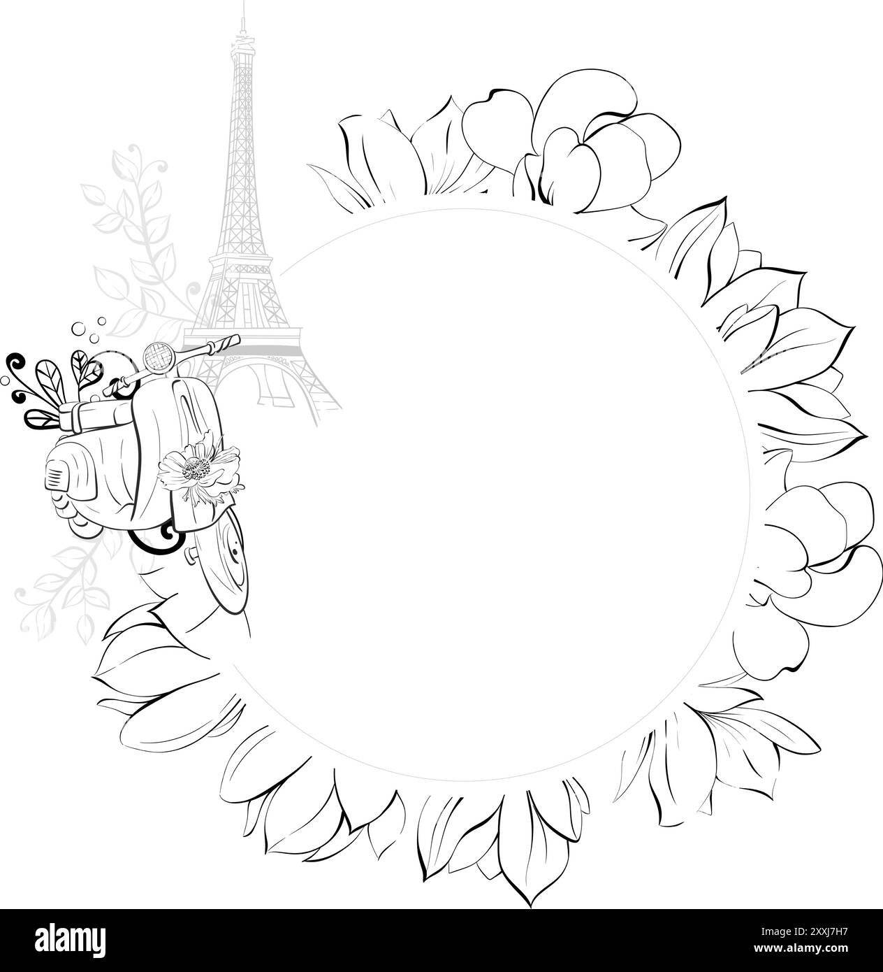 Vector circle flowers frame, template of Eiffel Tower. Magnolia ...
