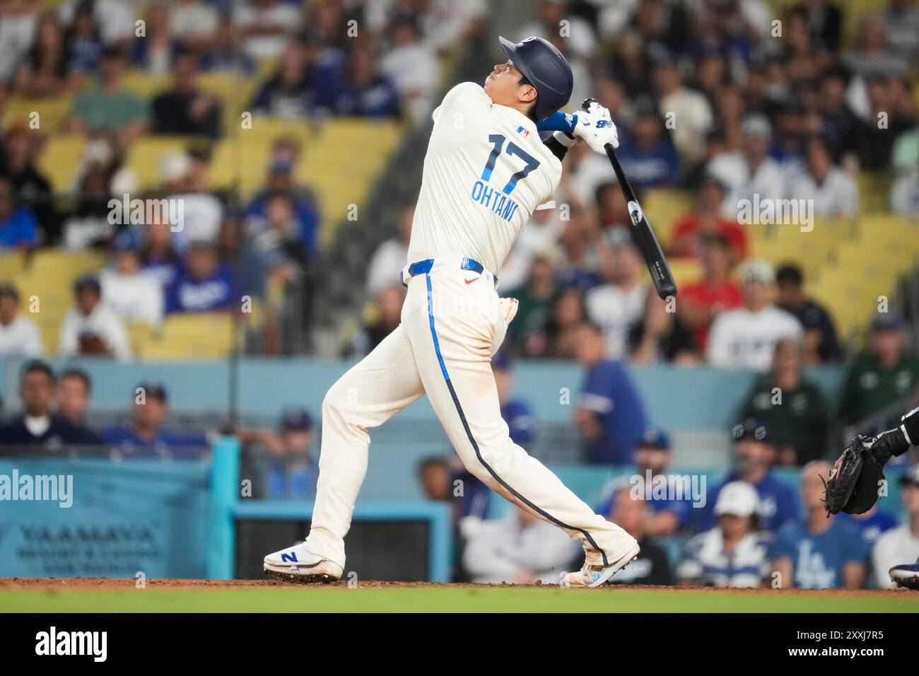 Los Angeles Dodgers designated hitter Shohei Ohtani (17) flies out to ...
