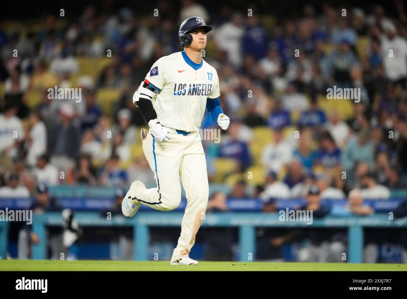Los Angeles Dodgers designated hitter Shohei Ohtani (17) reacts after ...