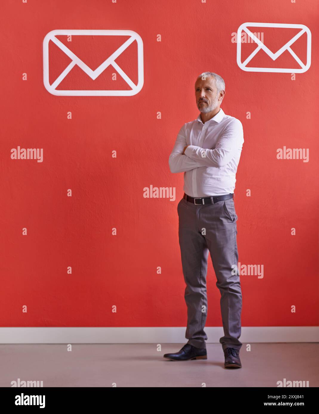 Business man, thinking and email icon in office for communication ...