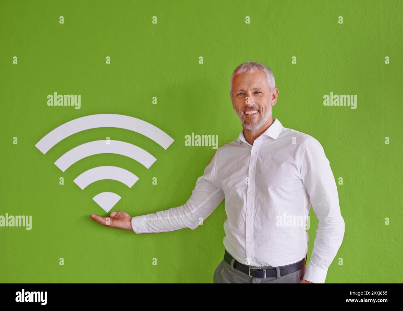 Businessman, wall and sign for wireless internet with portrait, smile ...