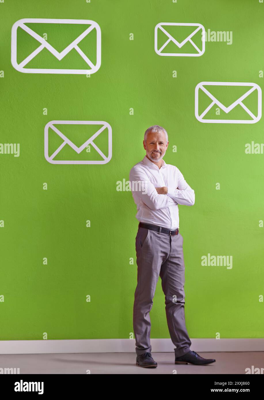 Business man, smile and email icon in office for communication, message ...