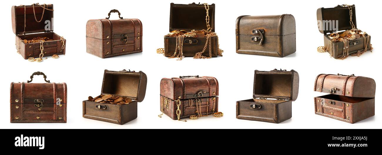 Set of old chests with pirate treasures on white background Stock Photo ...