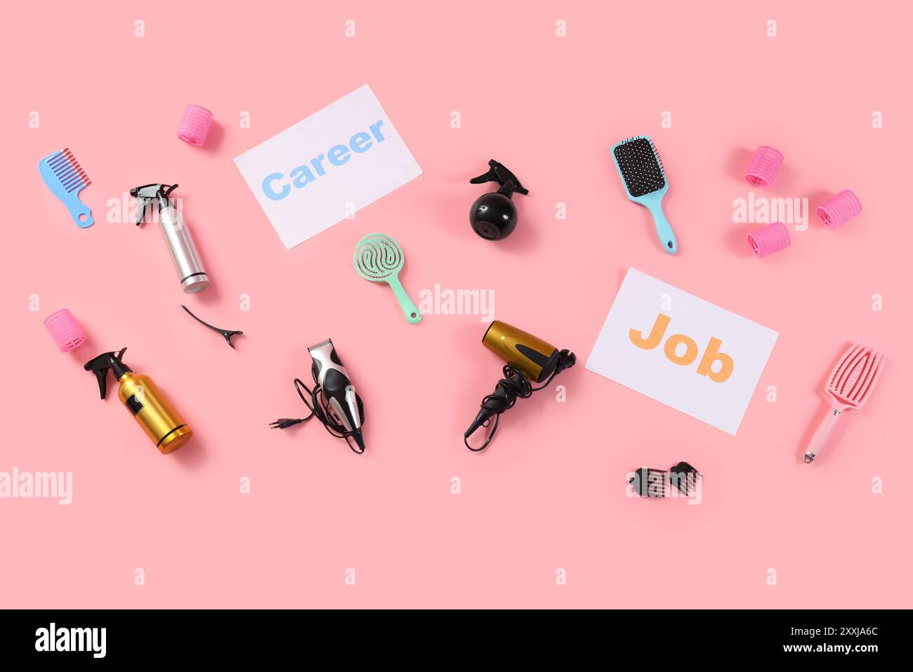 Paper sheets with words CAREER, JOB and hairdressing tools on pink ...