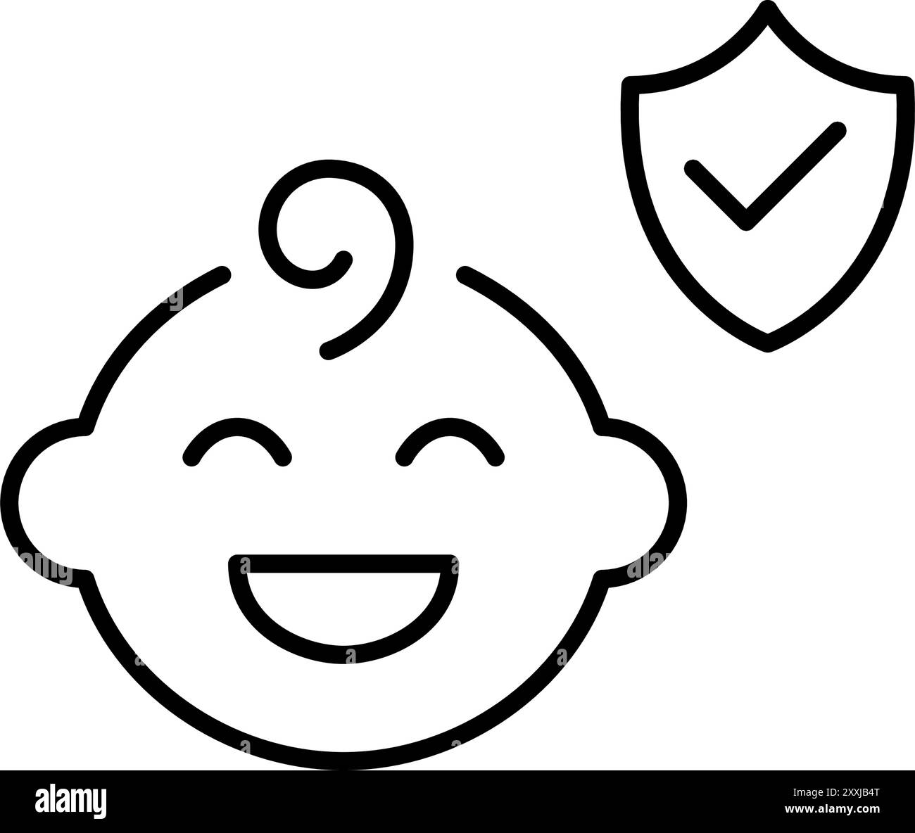 Happy baby boy, security shield and checkmark. Children safety and ...