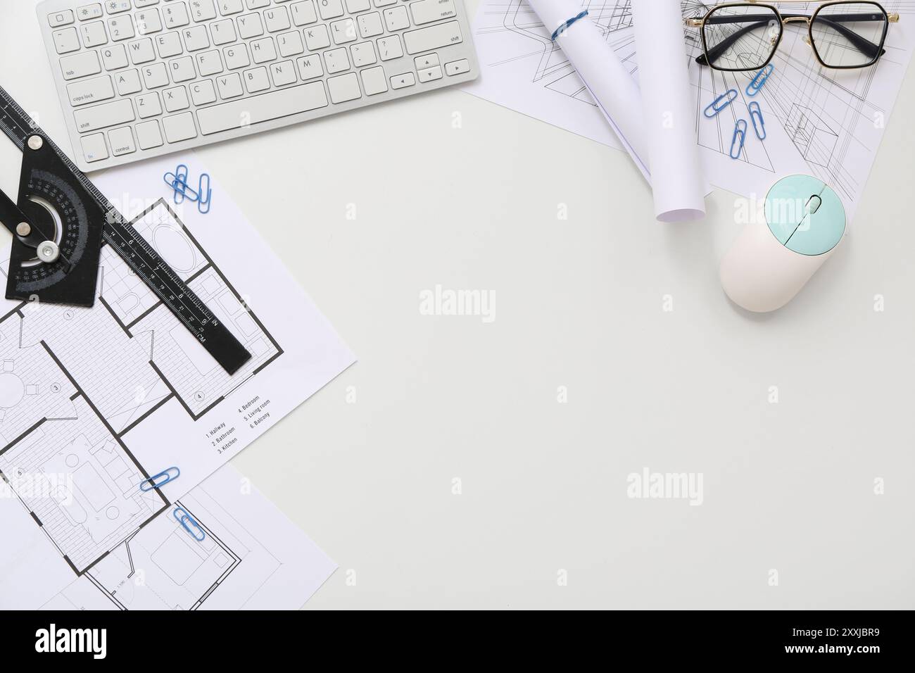 Frame made of architect's supplies with computer keyboard and house ...