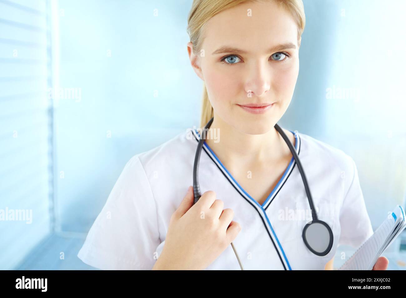 Checklist, woman or doctor in portrait with stethoscope, lungs ...