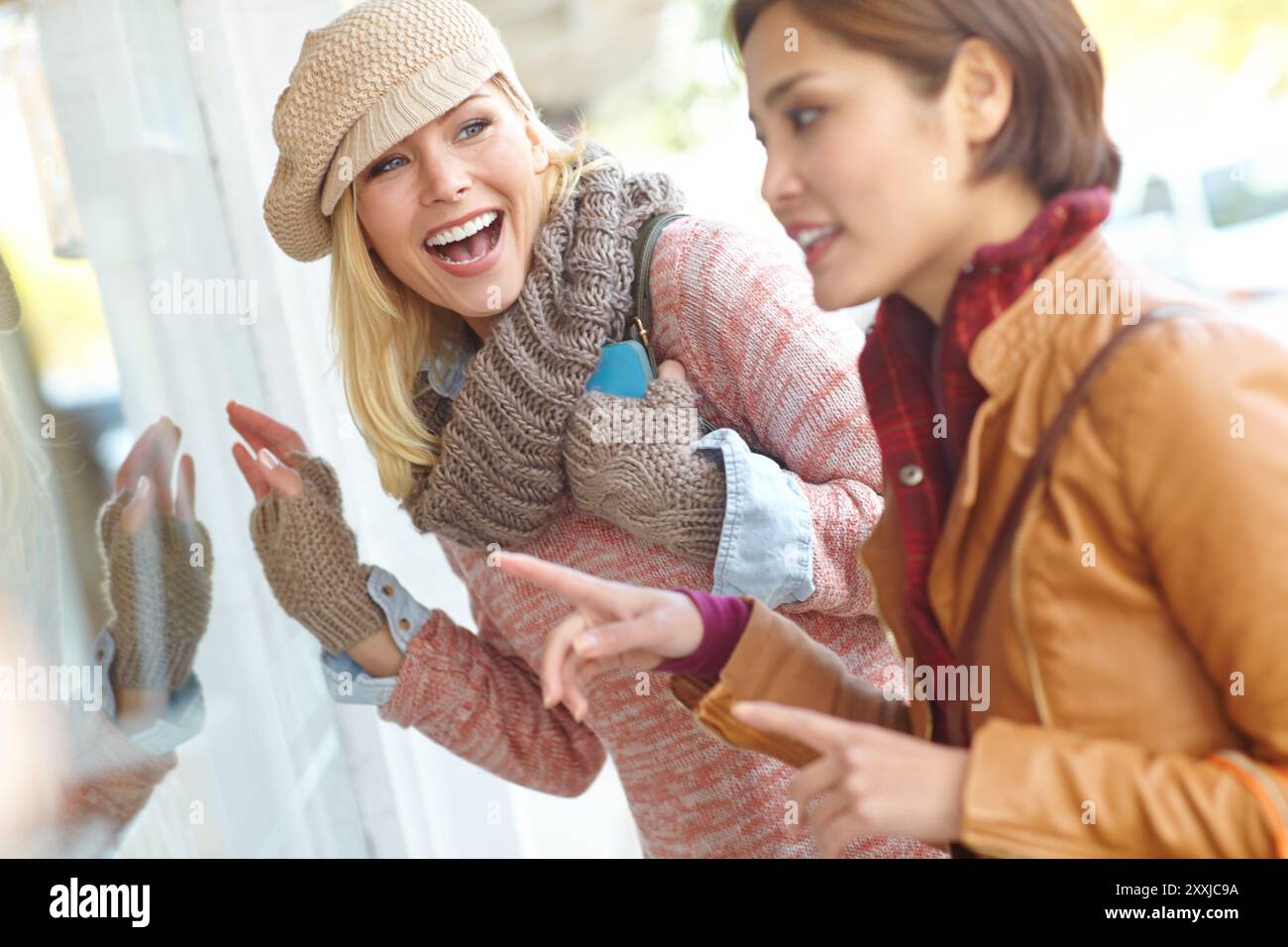 Window shopping, laugh and friends in city for fashion, ideas and ...