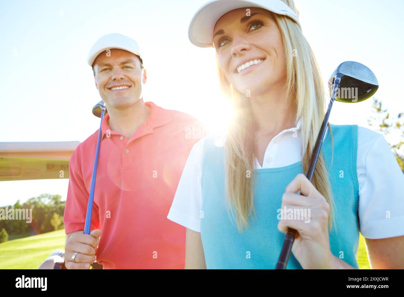 Golf course, smile and couple with club for sport, game and thinking ...