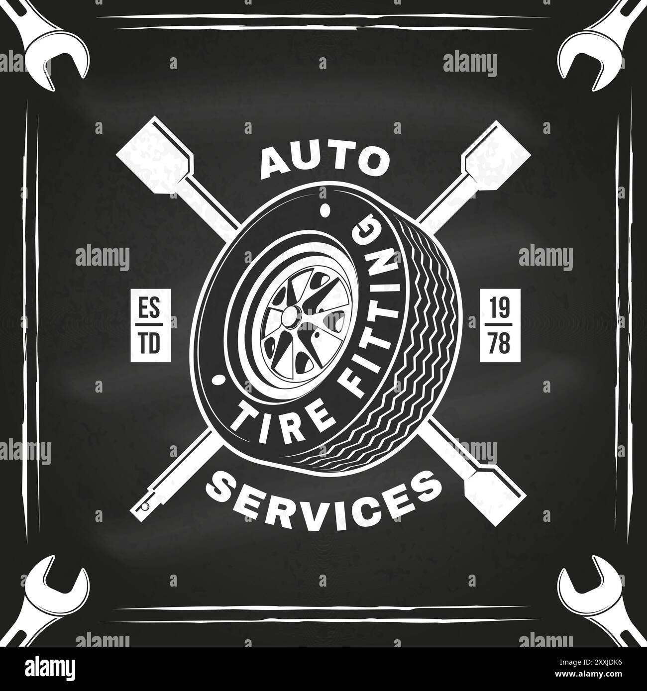 Auto service logo, emblem, badge on the chalkboard. Tire fitting ...