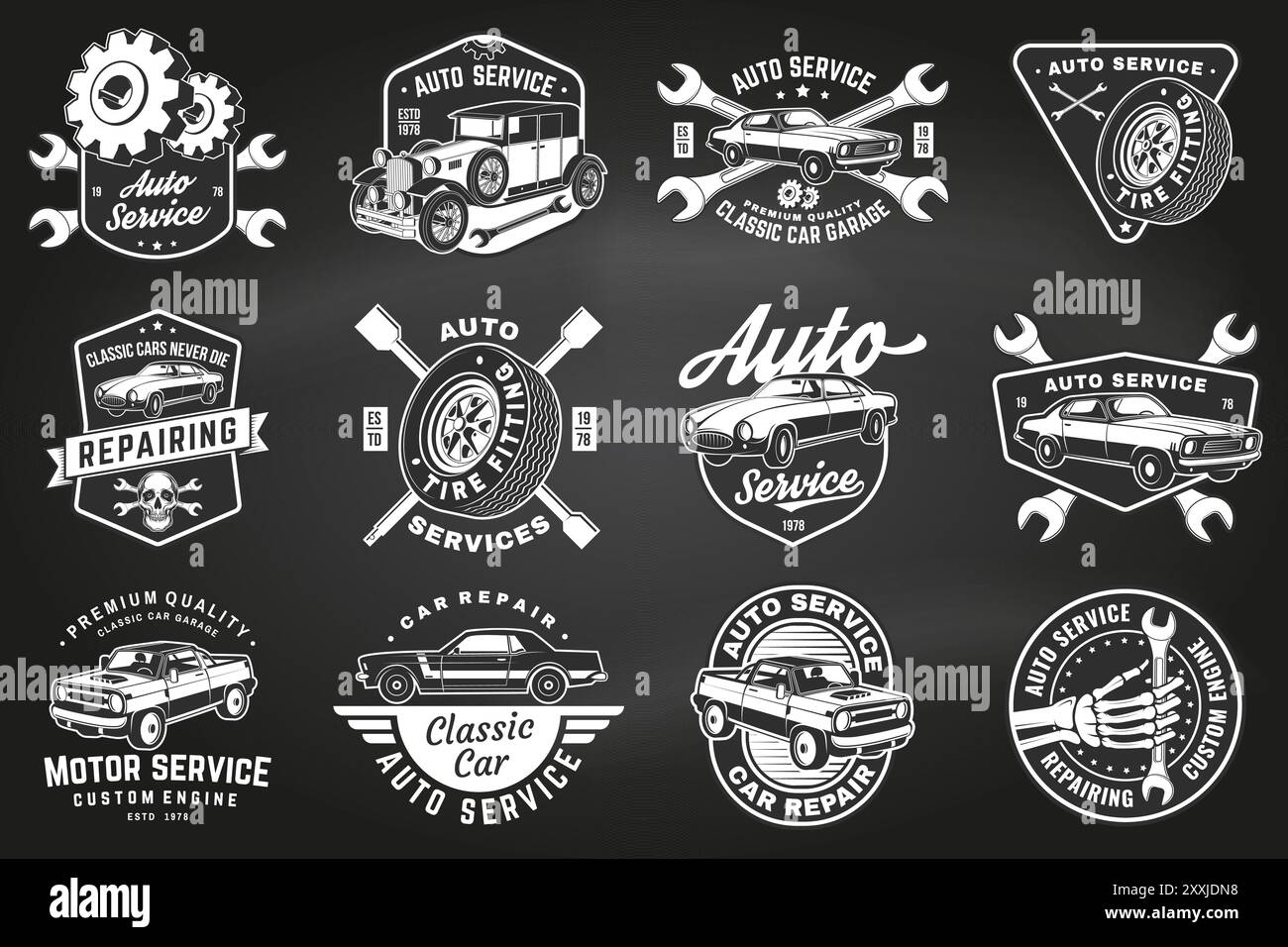 Set of auto service logo, emblems, badges on the chalkboard. Vector ...