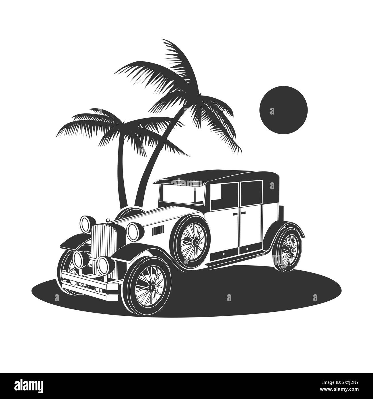 Classic vintage retro car and palms design. Vector silhouette. Design ...