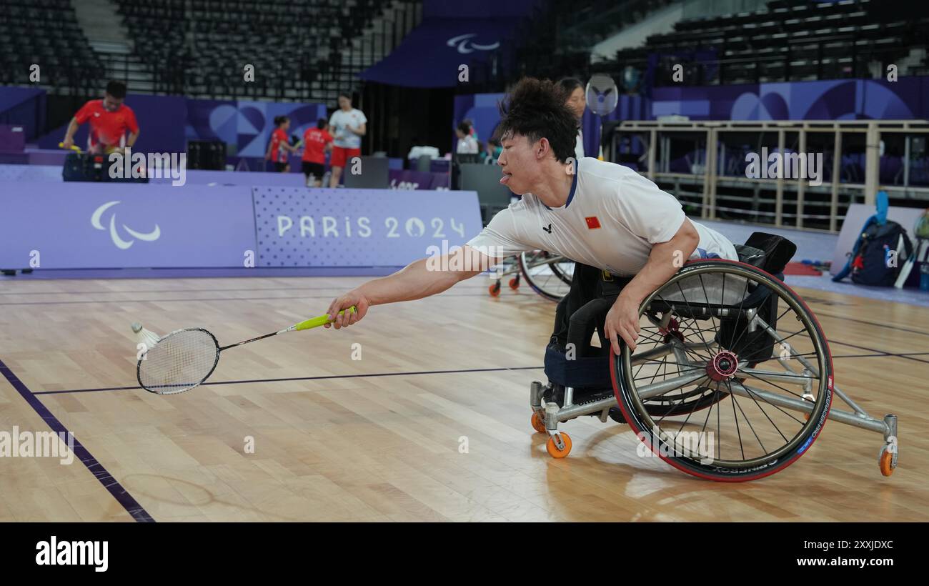 Paris, France. 24th Aug, 2024. Chinese badminton athlete Qu Zimo takes ...