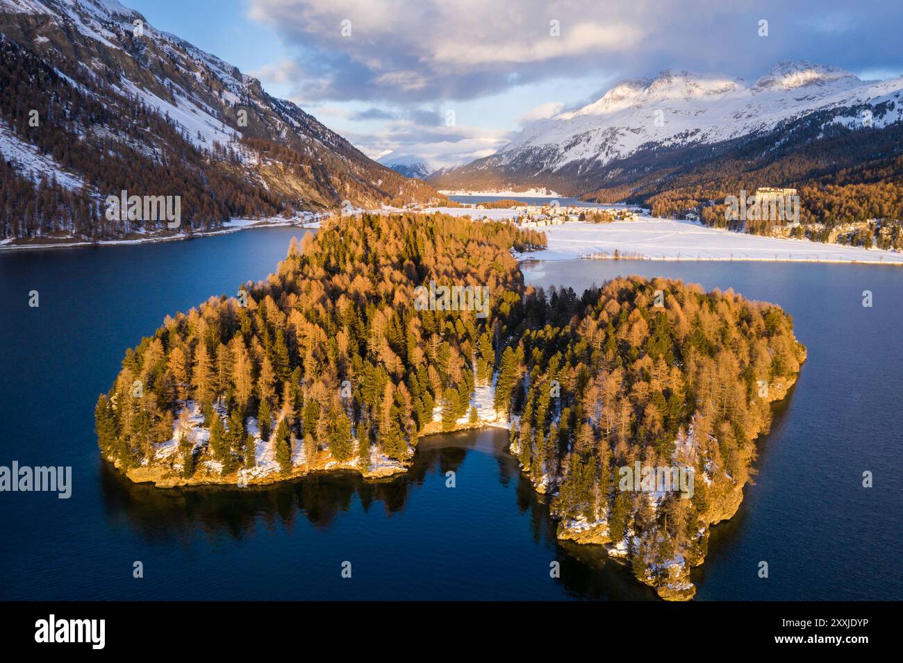 Lake Sils, Switzerland: Dramatic aerial view of the sunset over the ...