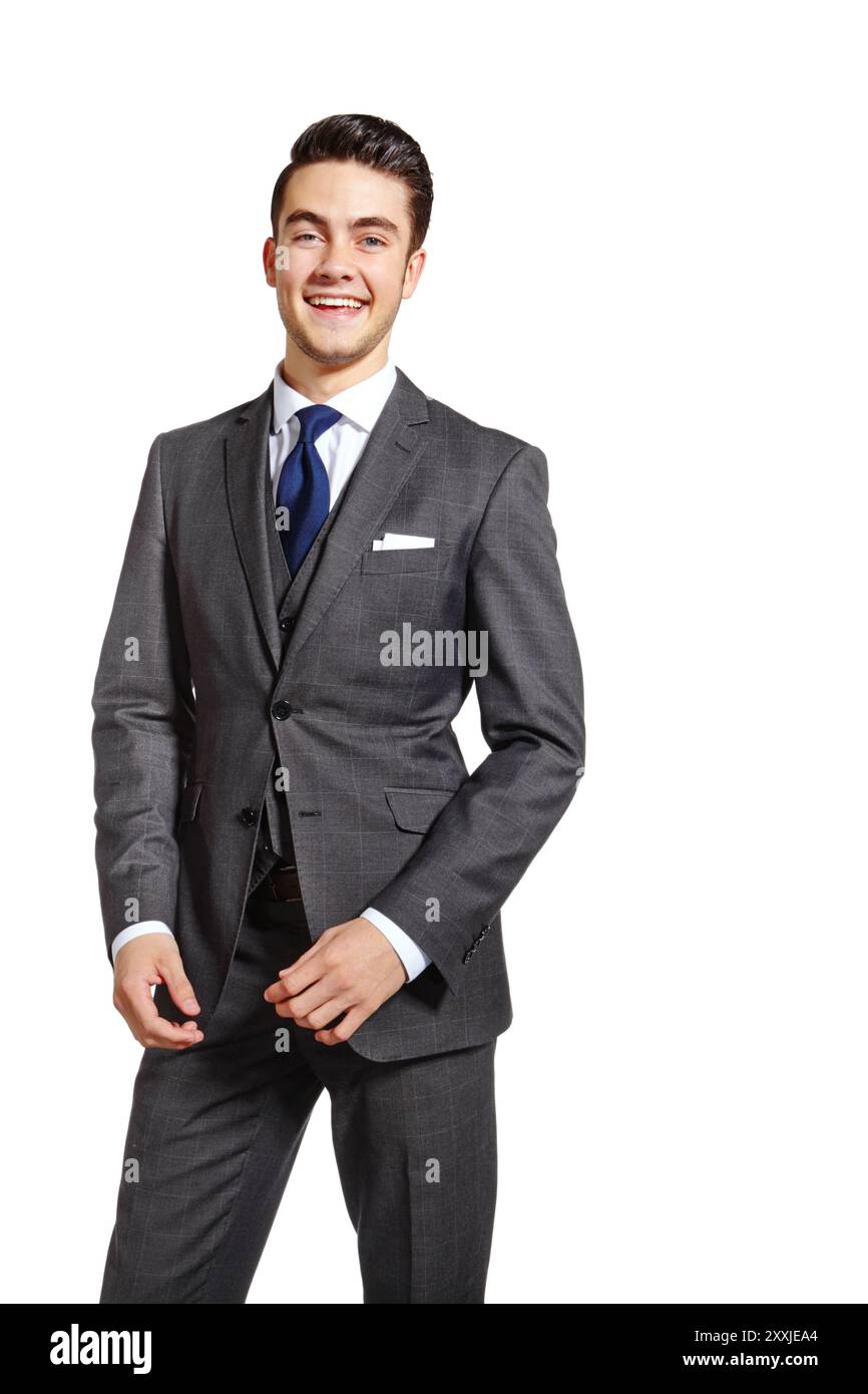 Corporate, man and happy in studio for fashion on white background for ...