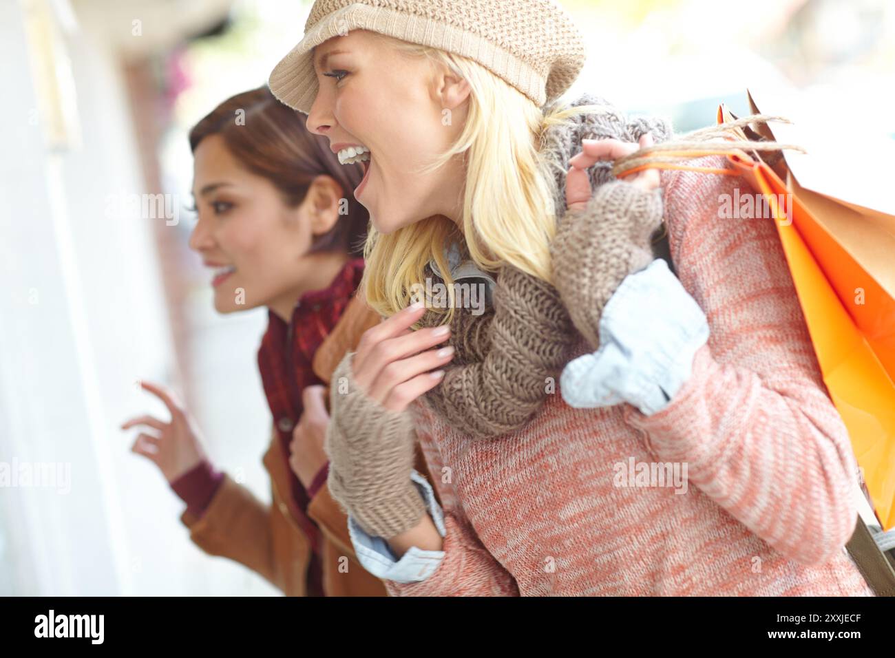 Window shopping, shock and women in city for fashion, ideas and ...