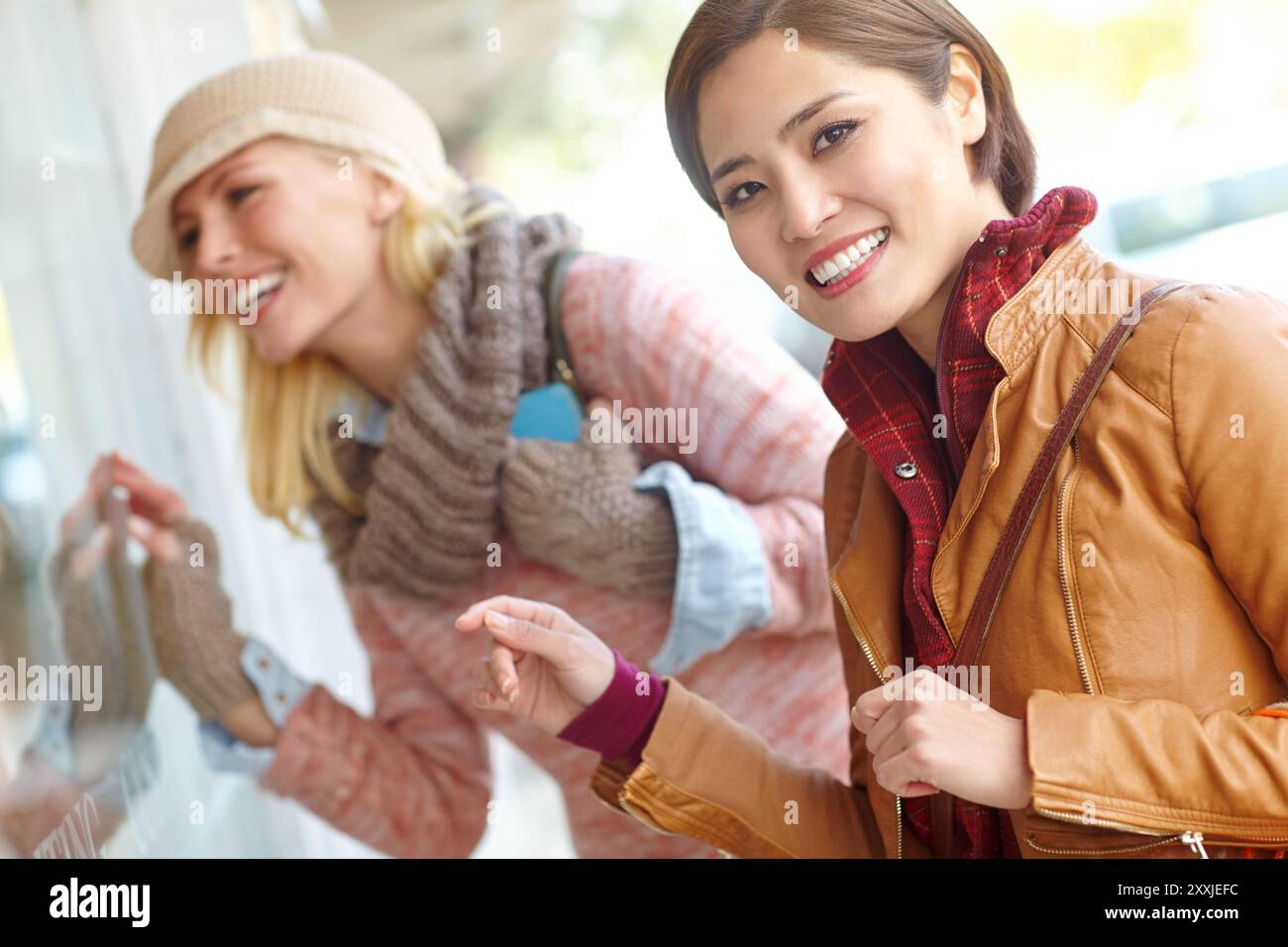 Window shopping, portrait and friends in city for fashion, ideas and ...