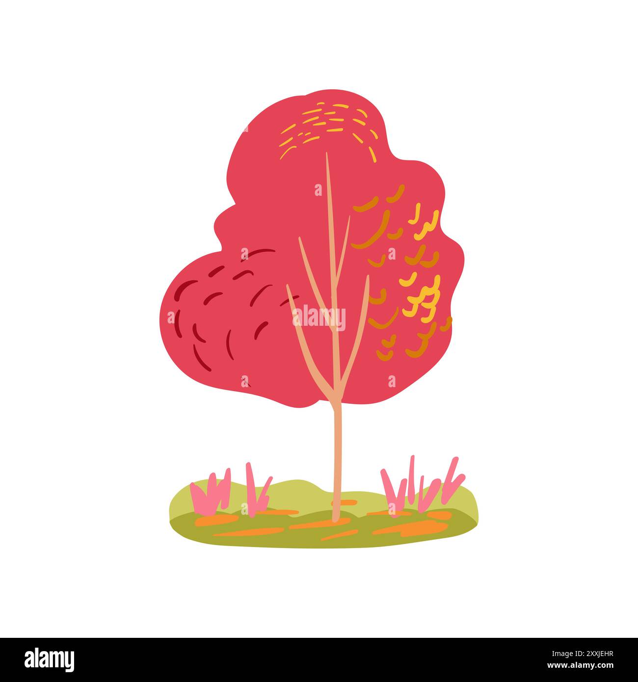 Hand drawn trees with pink, coral, red, and yellow branches and falling ...