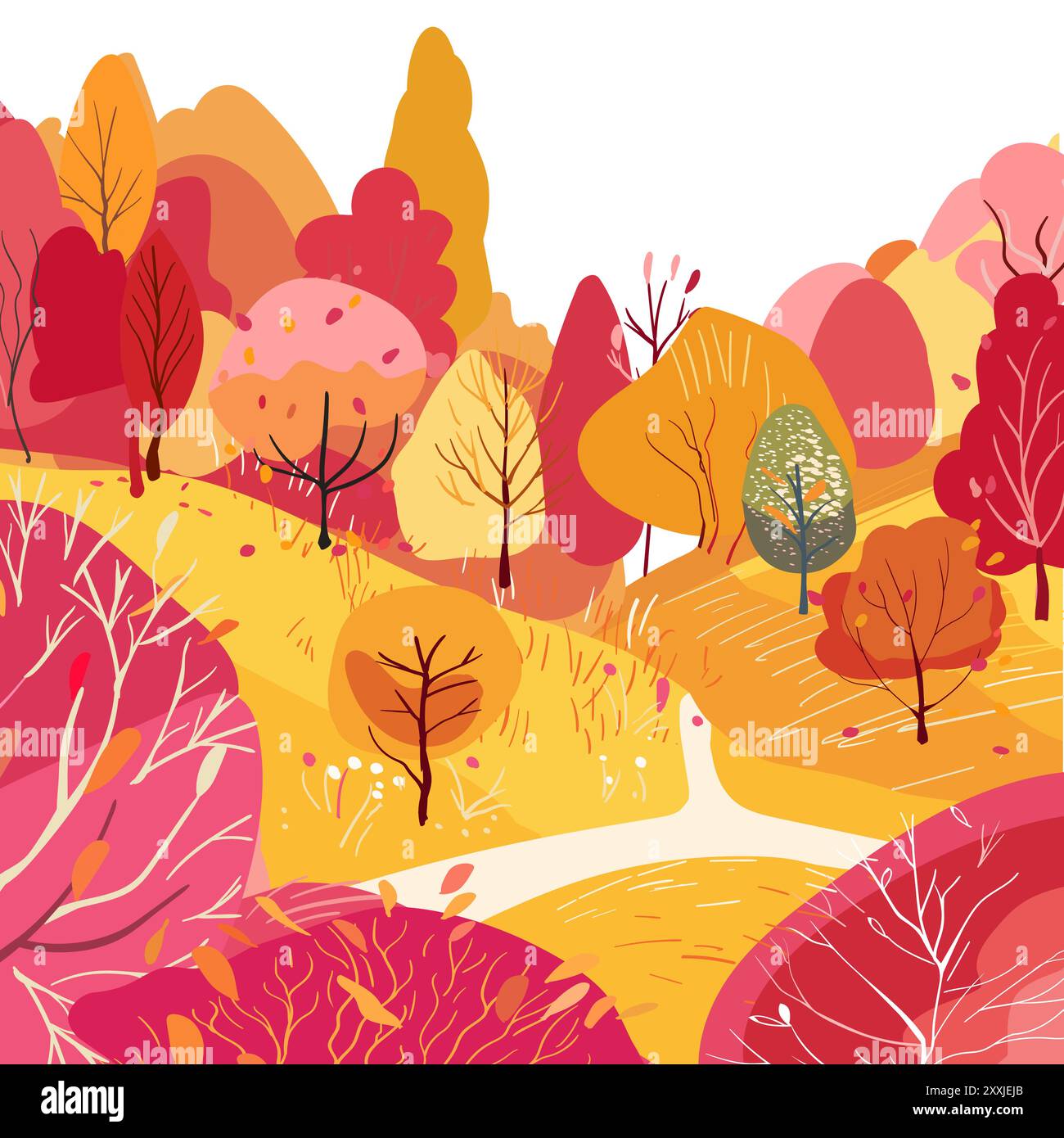 Cozy landscape with autumn scenery. Winding path to the forest hill ...