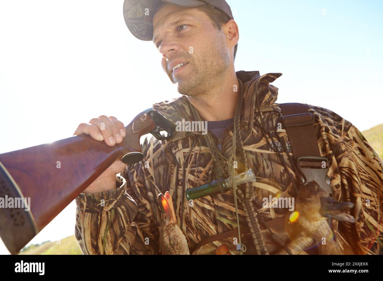 Man, hunter and rifle in scouting for sport, activity and trophy as ...