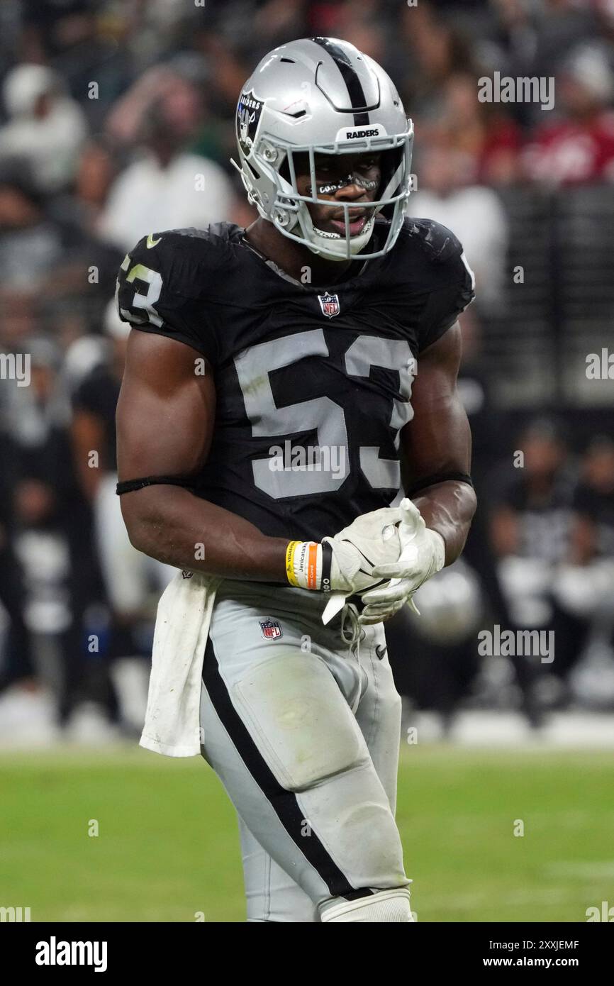 Las Vegas Raiders linebacker Amari Gainer (53) lines up against the San ...