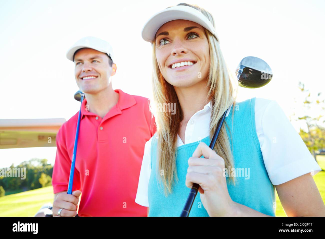 Golf course, smile and couple with club outdoor for sport, game and ...