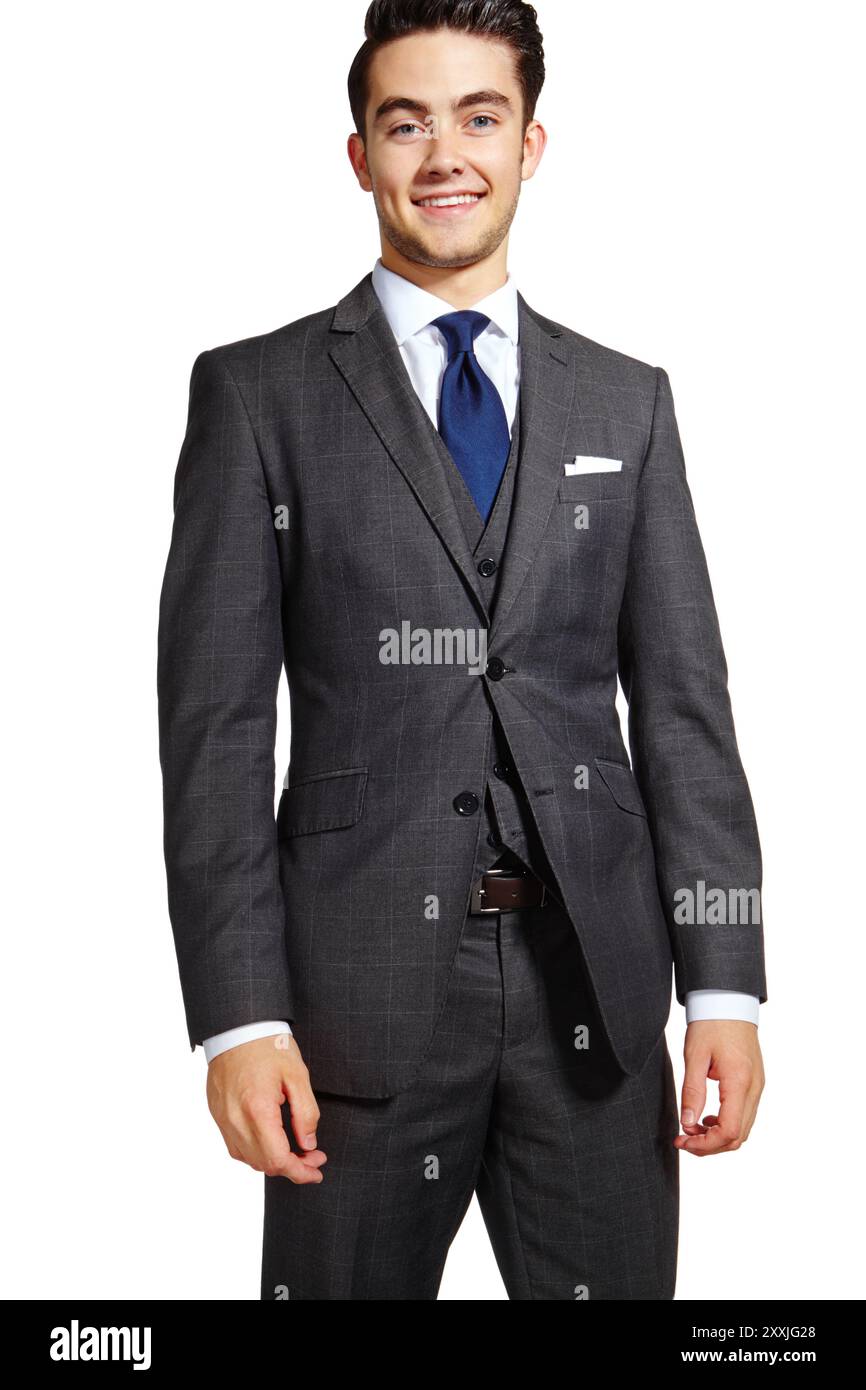 Business, man and happy in studio for fashion on white background for ...