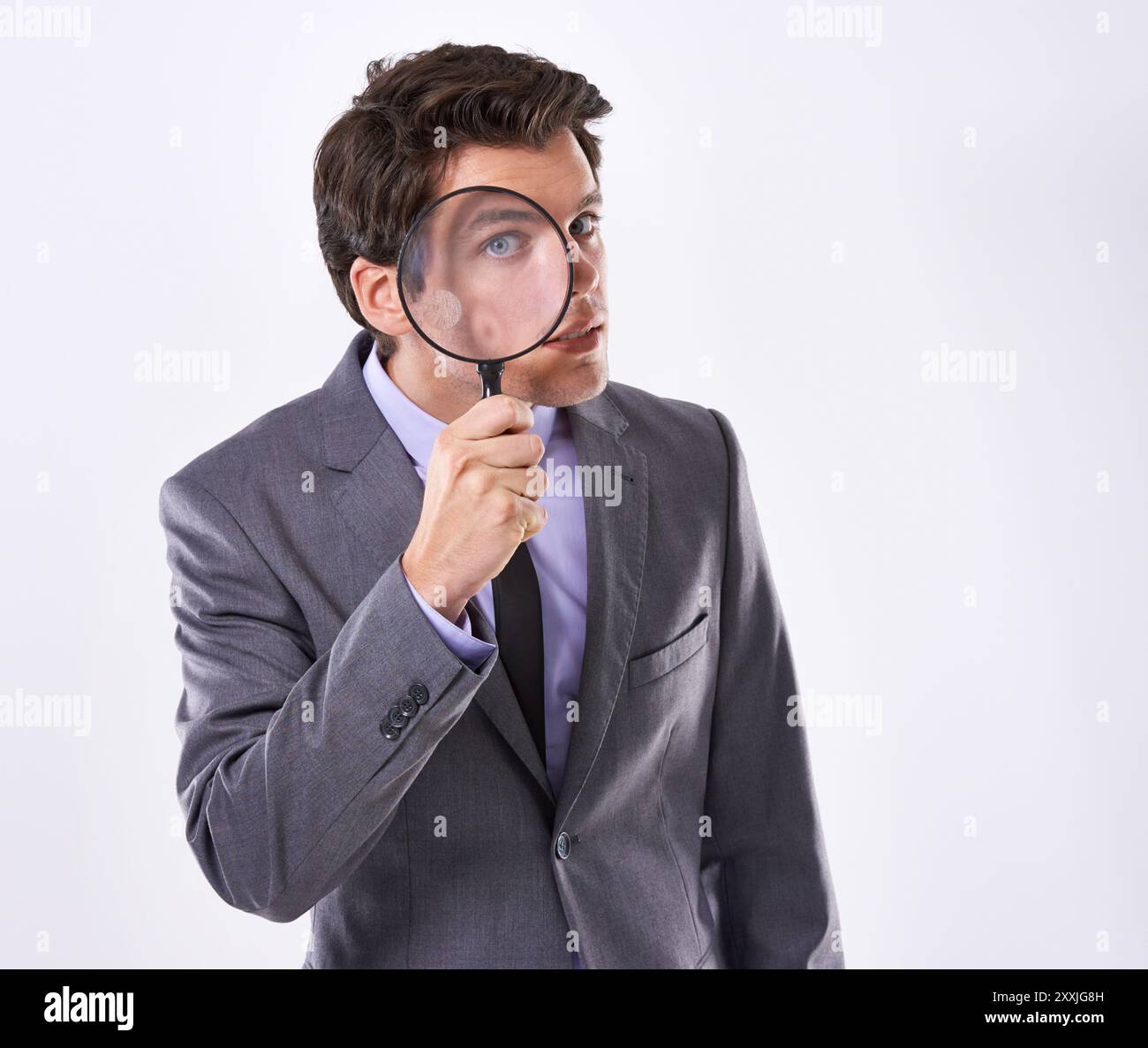 Portrait, eye and businessman with magnifying glass, investigation and ...