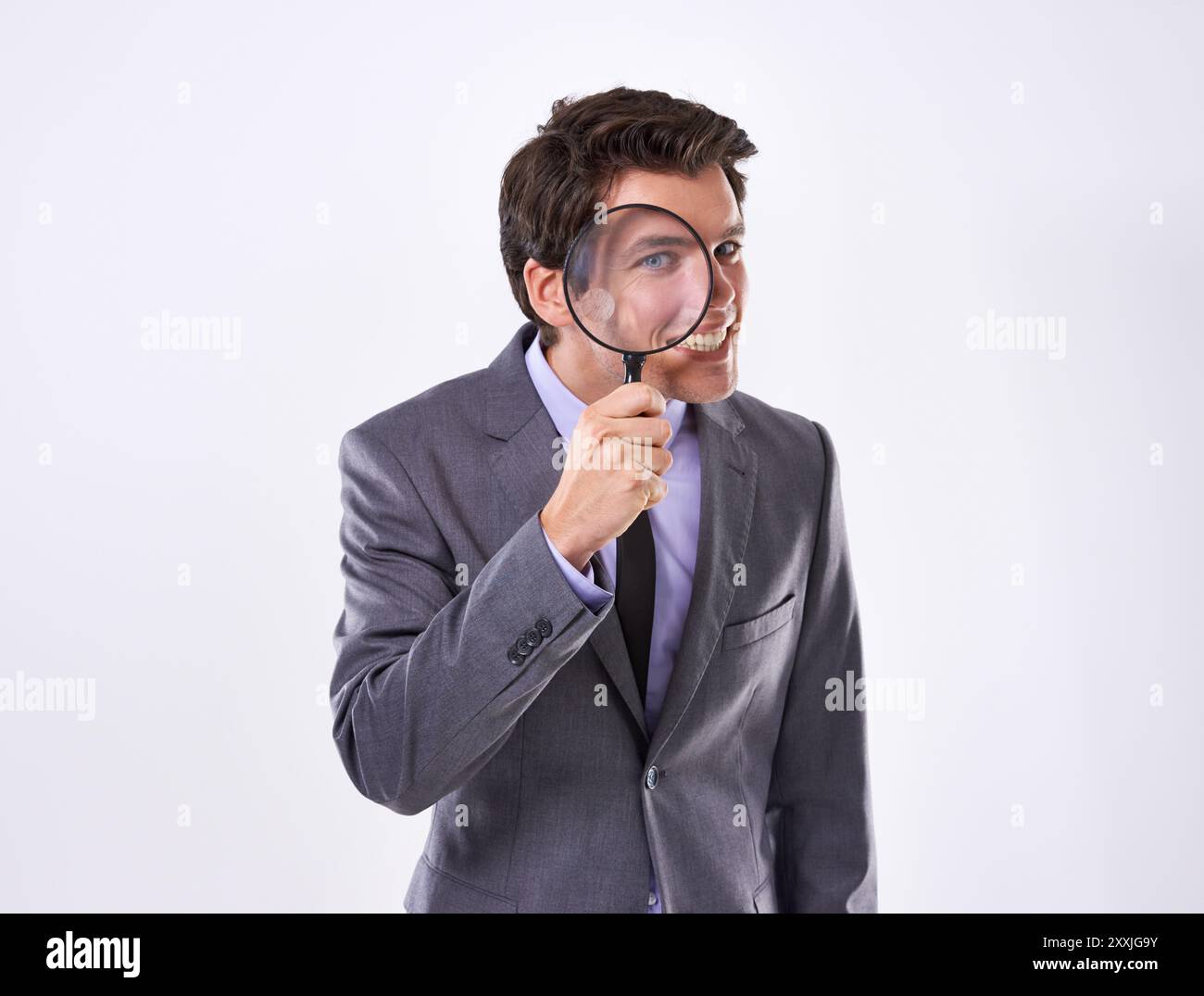 Portrait Smile And Businessman With Magnifying Glass Investigation