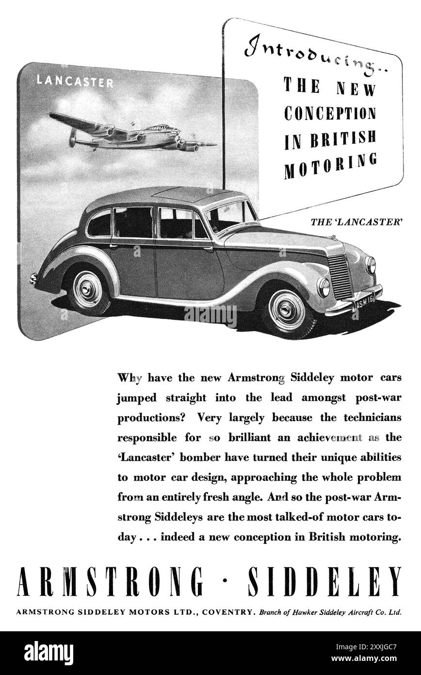1946 British advertisement for the Armstrong Siddeley Lancaster motor ...