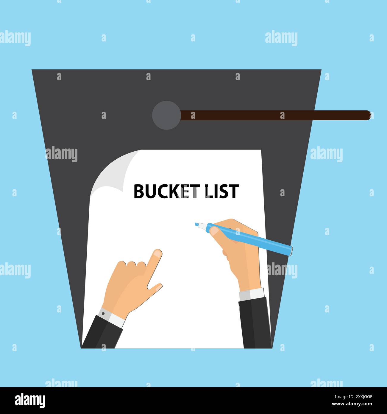 Bucket with a bucket list attached to it and hands of a person ready to ...