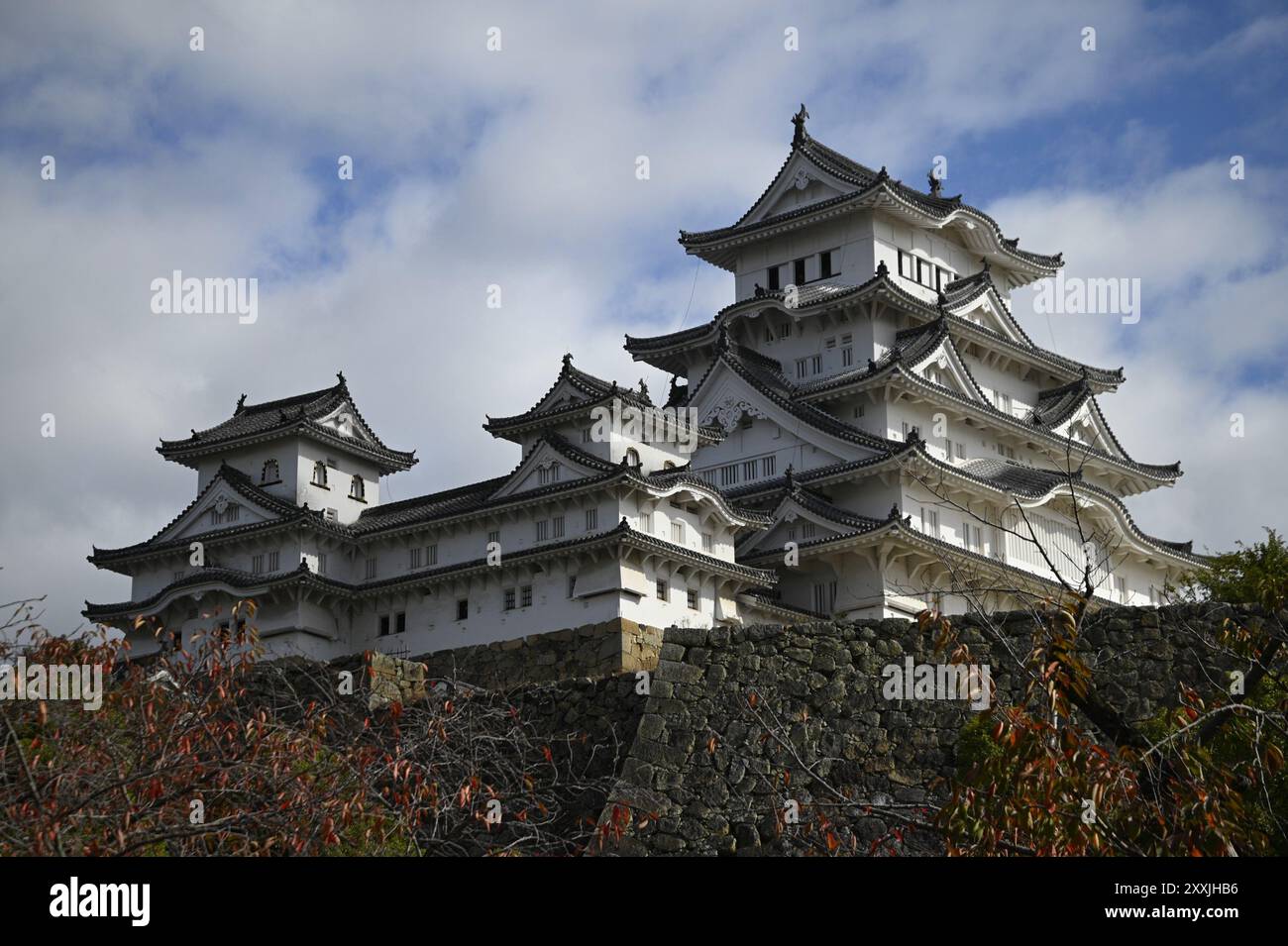 Scenic view of the striking Main Donjon curved gables part of Himeji-jō ...