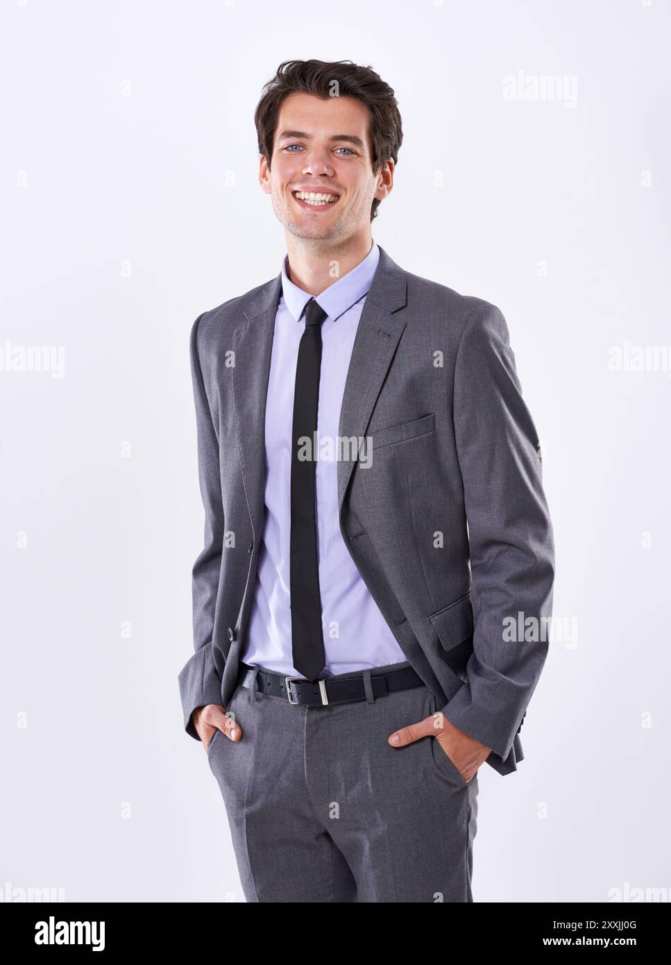 Business man, smile and hands in pocket for confidence, pride and ...