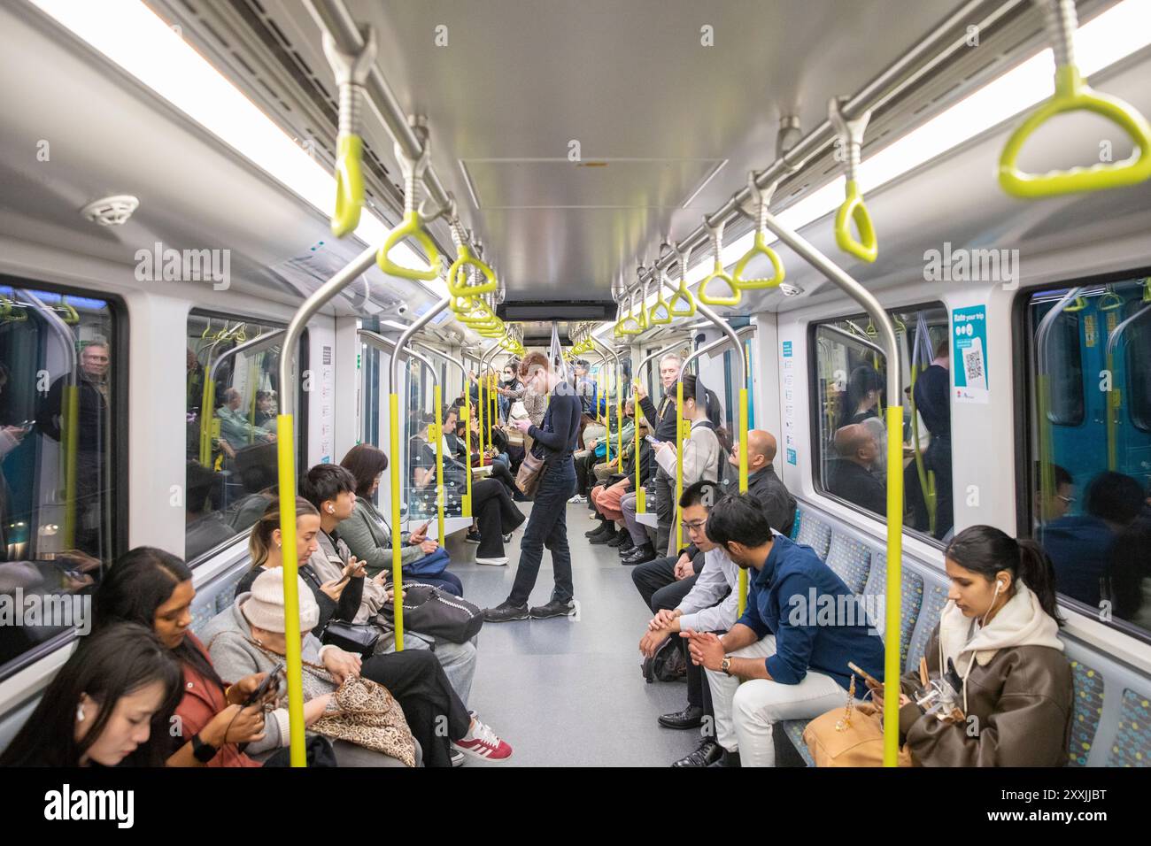Sydney Metro train interior, Sydney passengers commuting on the new Metro train line from ...